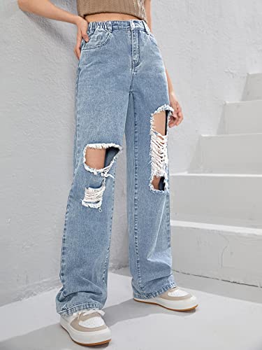 Floerns Girls Cut Out Ripped Wide Leg Jeans High Waist Distressed Denim Pants Light Blue 14Y