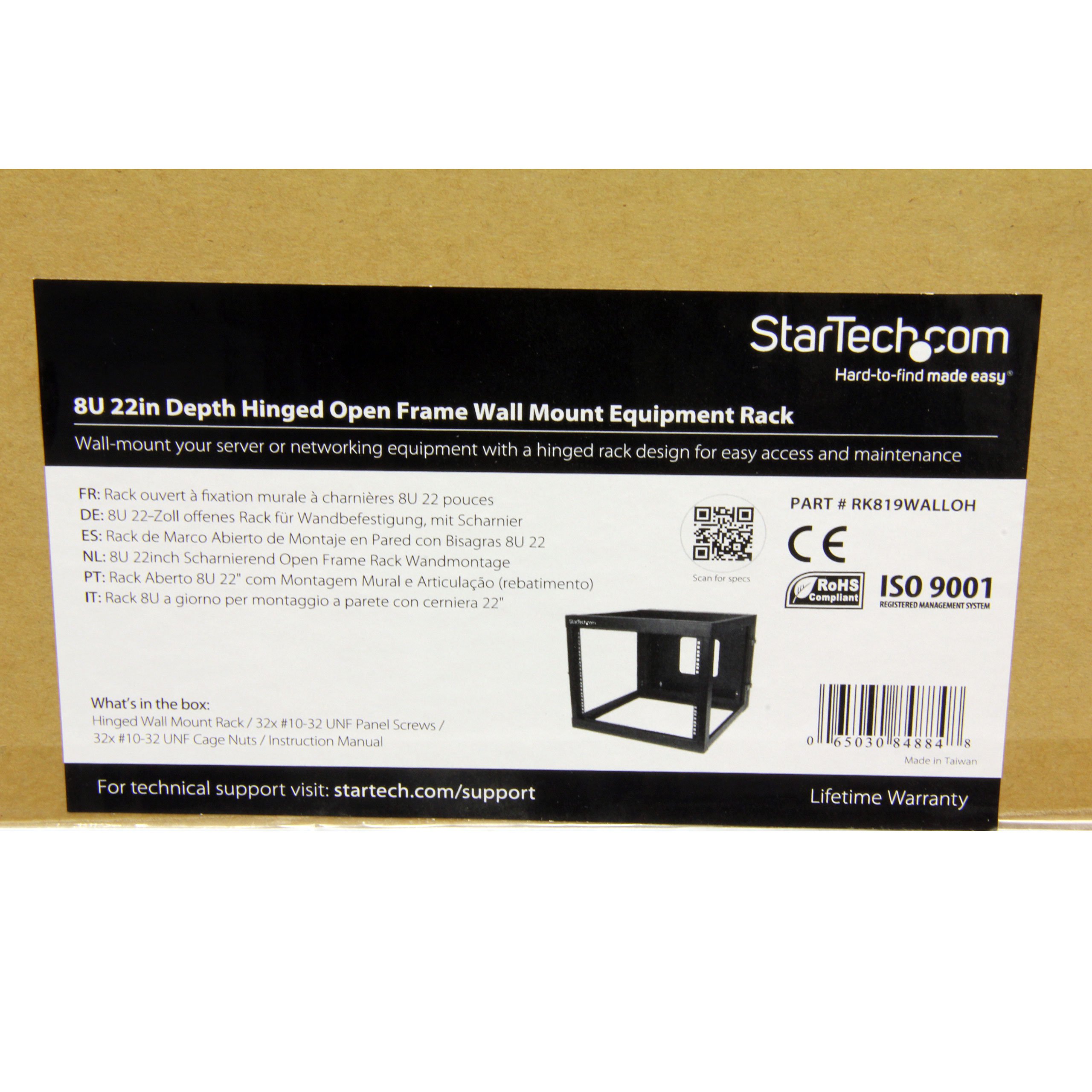 StarTech.com 4-Post 8U Hinged Wall-Mount Network Rack, 19" Open Frame Server Rack with 19.8in Mounting Depth, Wall Mount Swing Out Data Rack for IT / AV / Computer Equipment, TAA (RK819WALLOH)