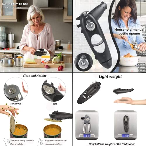 Can Opener Manual 8 in 1 Multifunctional Stainless Steel Bottle Opener with Smooth Edges Hand Held Kitchen Tool with Rotary Handle Gifts for Seniors Safe and Easy to Use （Black）