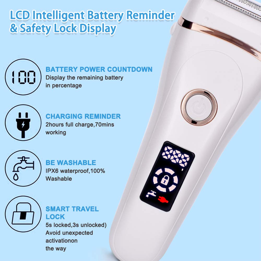 Electric Lady Shaver Bikini Trimmer, Wet & Dry Rechargeable Cordless Painless Electric Razor for Women, LED Display Razor for Legs Underarms (White)