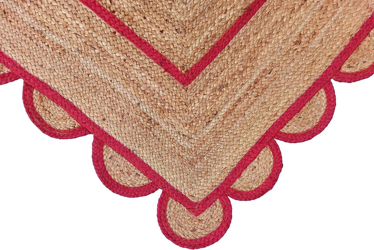 BUNDELA EXPORTS Scalloped Jute Area Rug, Floor Farmhouse Rug Natural Braided Reversible Boho Eco Large 2x12 Ft Runner Rug (RED)