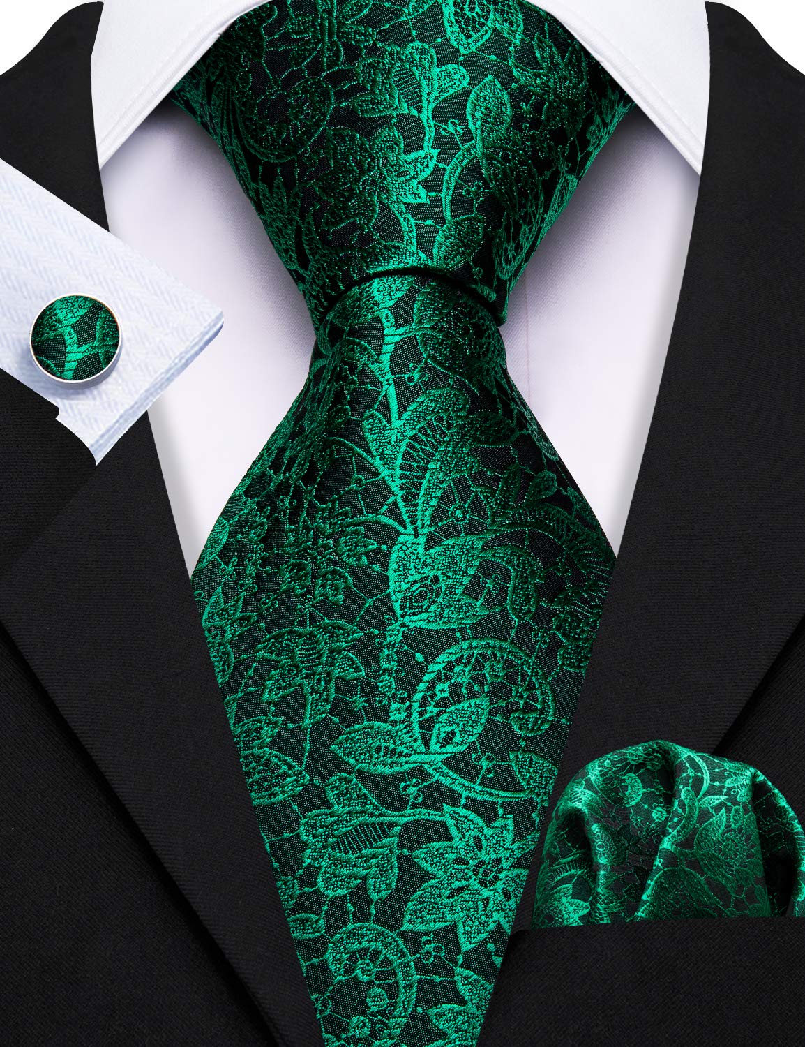 Barry.Wang Emerald Green Ties Silk Flower Paisley Necktie for Men Set Wedding St. Patrick's Day