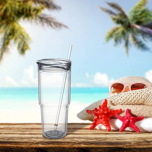 MEWAY 30oz/2 pcs Classic Insulated Tumblers,Double Wall Acrylic Tumbler with Lid,Reusable Plastic Insulated Tumblers with Straw,for cold drinks, sand ice, whatever you like(transparent,2 pack)