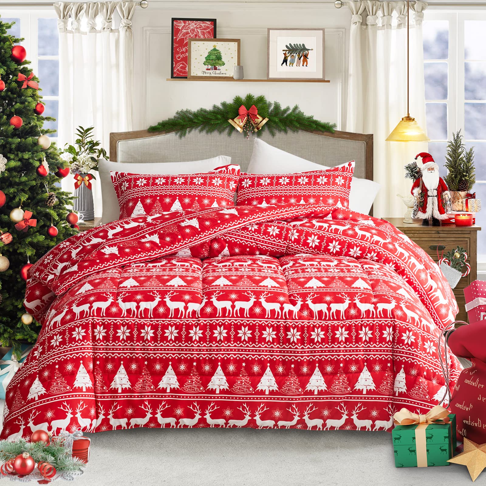 Flysheep Christmas Comforter Set 3 Pieces Twin Size 68x88 inches, Red White Snowflake and Deers Trees Reversible Design, Soft Microfiber Lightweight Bedding Sets for Kids