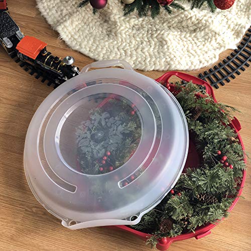 HOMZ Set of 3 Holiday Wreath Plastic Storage Containers, Holds Up to 24β Diameter, Secure Latching Lid and Easy Grip Handle, Stackable and Nestable, Red/Clear