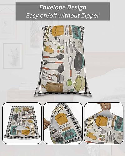 Edwiinsa Kitchen Cooking Pillow Covers Standard Size Set of 2 20x26 Bed Pillow, Farmhouse Rutsic Black Plaid Burlap Plush Soft Comfort for Hair/Skin Cooling Pillowcases with Envelop Closure