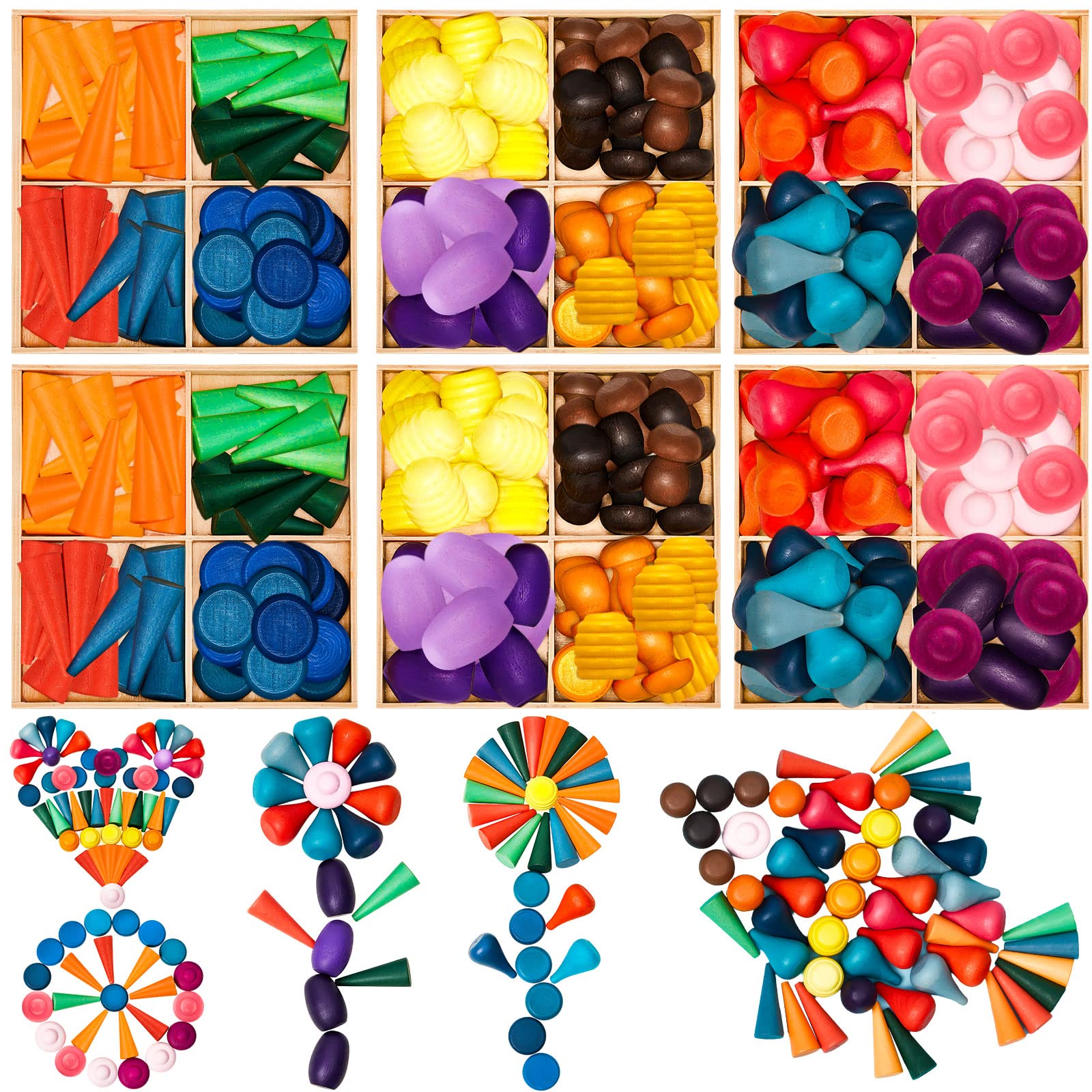 Loose Parts Play Materials Set Wooden Mandala Toys Kit Wood Sensory Play Toys 27 Rainbow Color 7 Shapes Loose Parts for Teens Students Early Learning Materials (81)