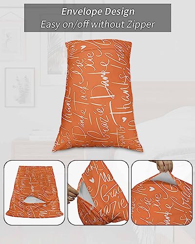 Edwiinsa Orange Pillow Covers Standard Size Set of 2 Bed Pillow, Farmhouse Modern White Thanks Words Plush Soft Comfort for Hair/Skin Cooling Pillowcases with Envelop Closure 20''x26''