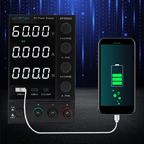 DC Power Supply Variable 300W, DPS605U Bench Power Supply with Encoder Adjustment Knob, DC Regulated Power Supply with USB Quick-Charge for Burn-in Test Production Line Test Laboratory (60V 5A Black)