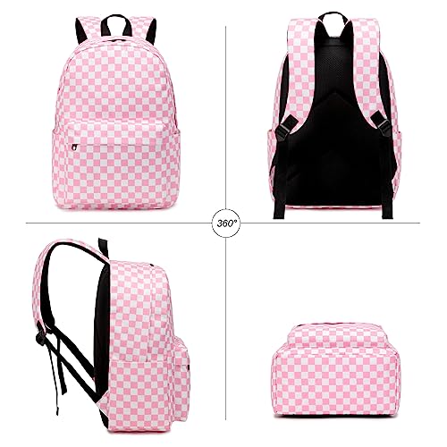 Dezcrab Checkered Backpack for Girls Kids School Bag Teens Women College Bookbag Casual Daypack (Pink)