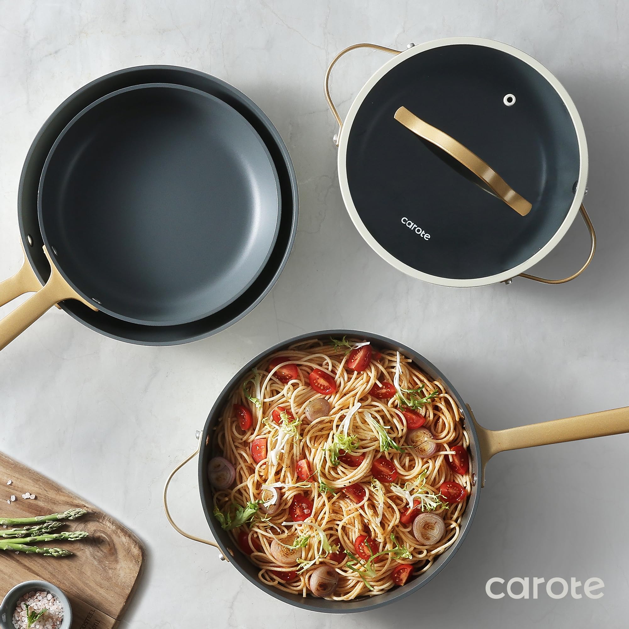 CAROTE 12PCS Saudi Collection Nonstick Cookware Set, Pots and Pans Set Non Stick, Dishwasher Safe, Oven Safe Up to 500ยฐF, Cream and Gold