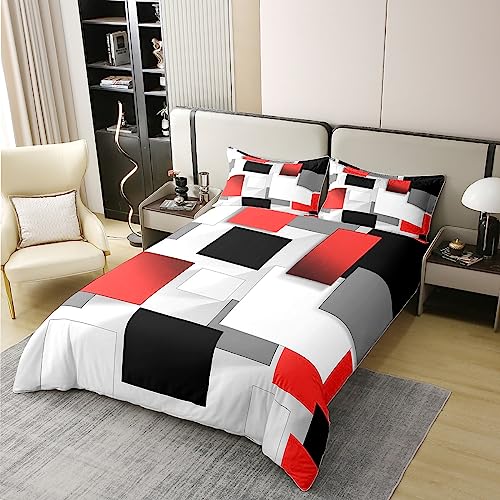 jejeloiu Cotton Duvet Cover Black Red Gray Geometry Duvet Cover Twin Size Cotton Kids Grid Buffalo Check Bedding Set for Women Men Rectangle Pattern Comforter Cover Set Soft Abstract Bedspread Cover