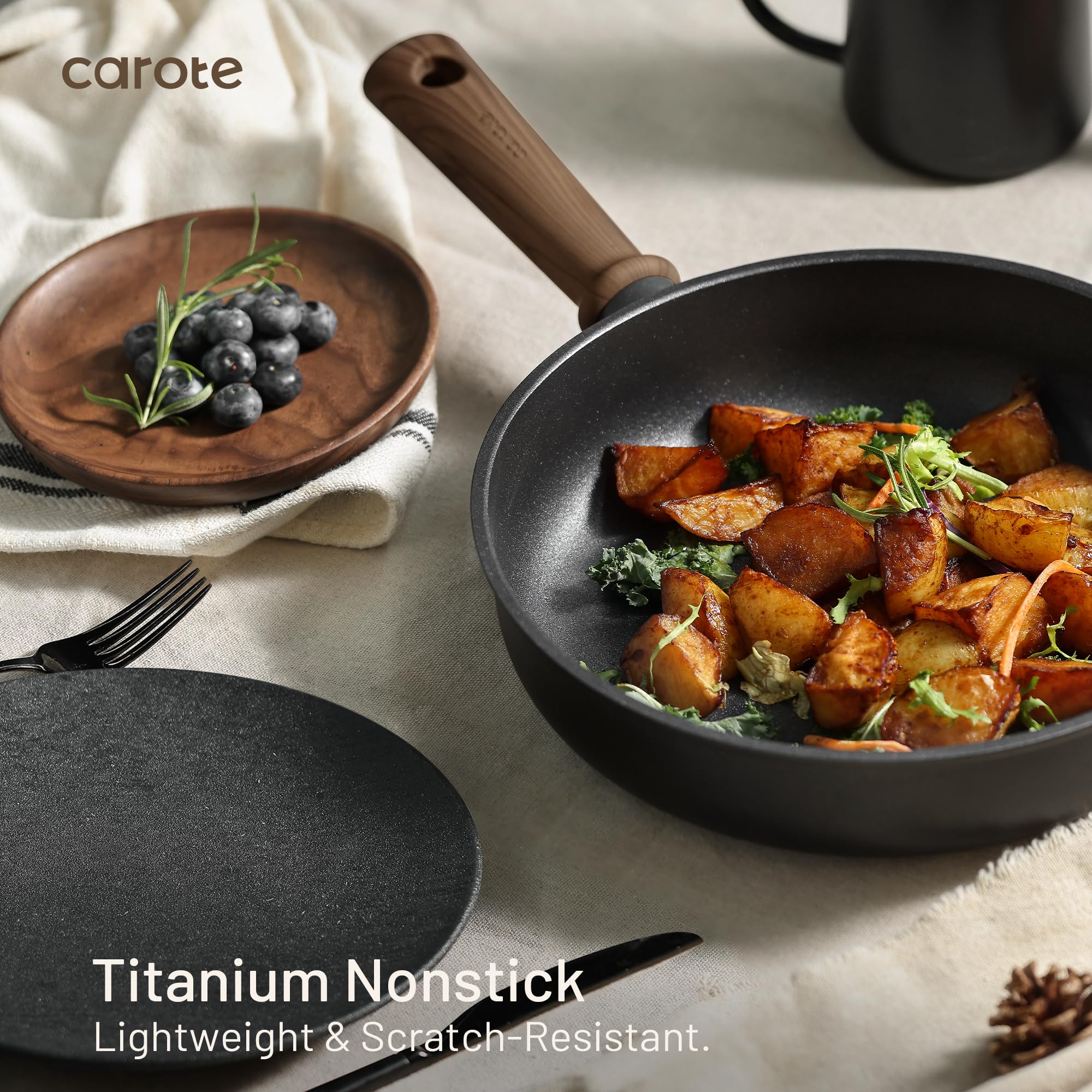 CAROTE 16pcs Pots and Pans Set Non Stick, Nonstick Kitchen Cookware Sets, Titanium Induction Cookware Sets with Stay-Cool Handle, Black