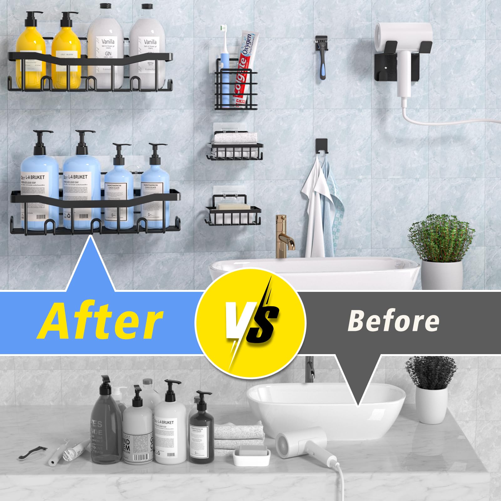 B-Land Shower Caddy 8 Pack, Large Capacity Shower Shelves Strong Adhesive Shower Organizer for Bathroom,No Drilling Rustproof Stainless Steel Bathroom Organizer with Hooks
