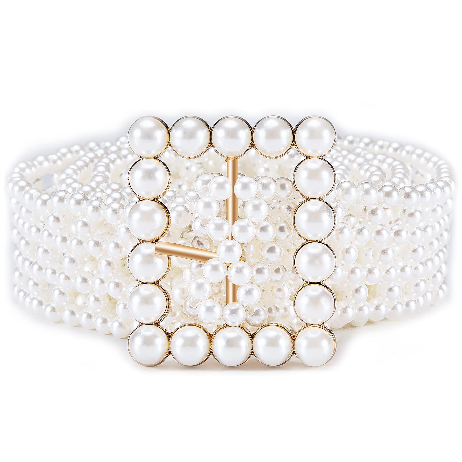 Barry.Wang Wide Belt for Women Fashion Wedding Sash Dress Pearls Belt Square Buckle Elastic Waist Chain