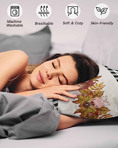 Edwiinsa Thanksgiving Pillow Covers Standard Size Set of 2 Bed Pillow, Farmhouse Fall Maple Leaf Black White Plaid Plush Soft Comfort for Hair/Skin Cooling Pillowcases with Envelop Closure 20''x26''