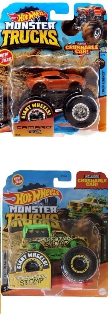 Hot Wheels Monster Trucks Crushable Car Set of 6 Diecast Vehicles with Bigfoot 45, Dodge Charger, Camaro and More