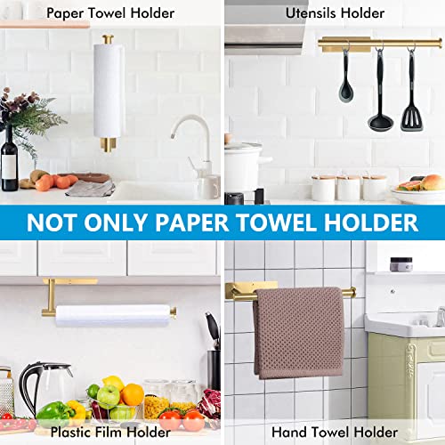 Gewtur Gold Paper Towel Holder Under Cabinet, Self Adhesive Paper Towel Roll Holder Stick on Wall, Stainless Steel Towel Paper Holder for Kitchen Bathroom