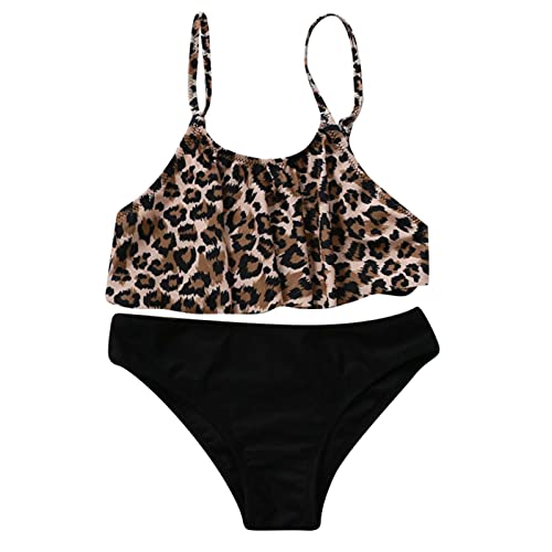 Girl Leopard Print Camisole Top Swimsuit Printed Split Swimsuit Bikini Swimwear 2-Piece Bathsuits Tankini Set 4-18 Years Black