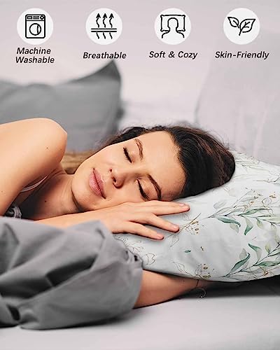 Edwiinsa Tropical Leaves Pillow Covers King Standard Set of 2 20x36 Bed Pillow, Summer Teal Leaf Spring Floral Rustic Plush Soft Comfort for Hair/Skin Cooling Pillowcases with Envelop Closure