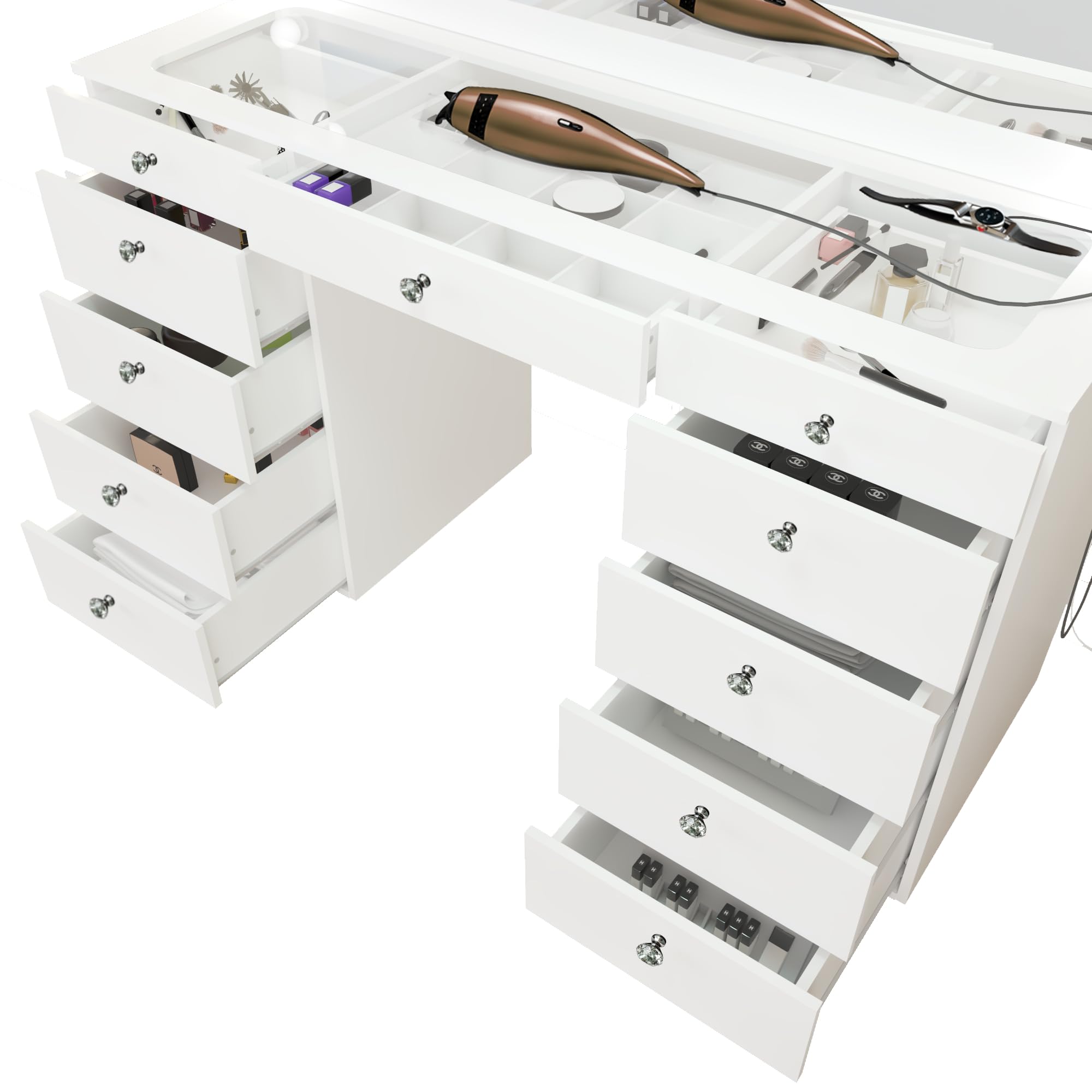 Boahaus Orla Extra Large Makeup Vanity Desk with Lights Built-in, Power Outlet, 11 Drawers, Hollywood Vanity Mirror, Glass Top Vanity, Crystal Knobs, White Big Vanity, 61.02''Hx56.3''Wx20.08''D