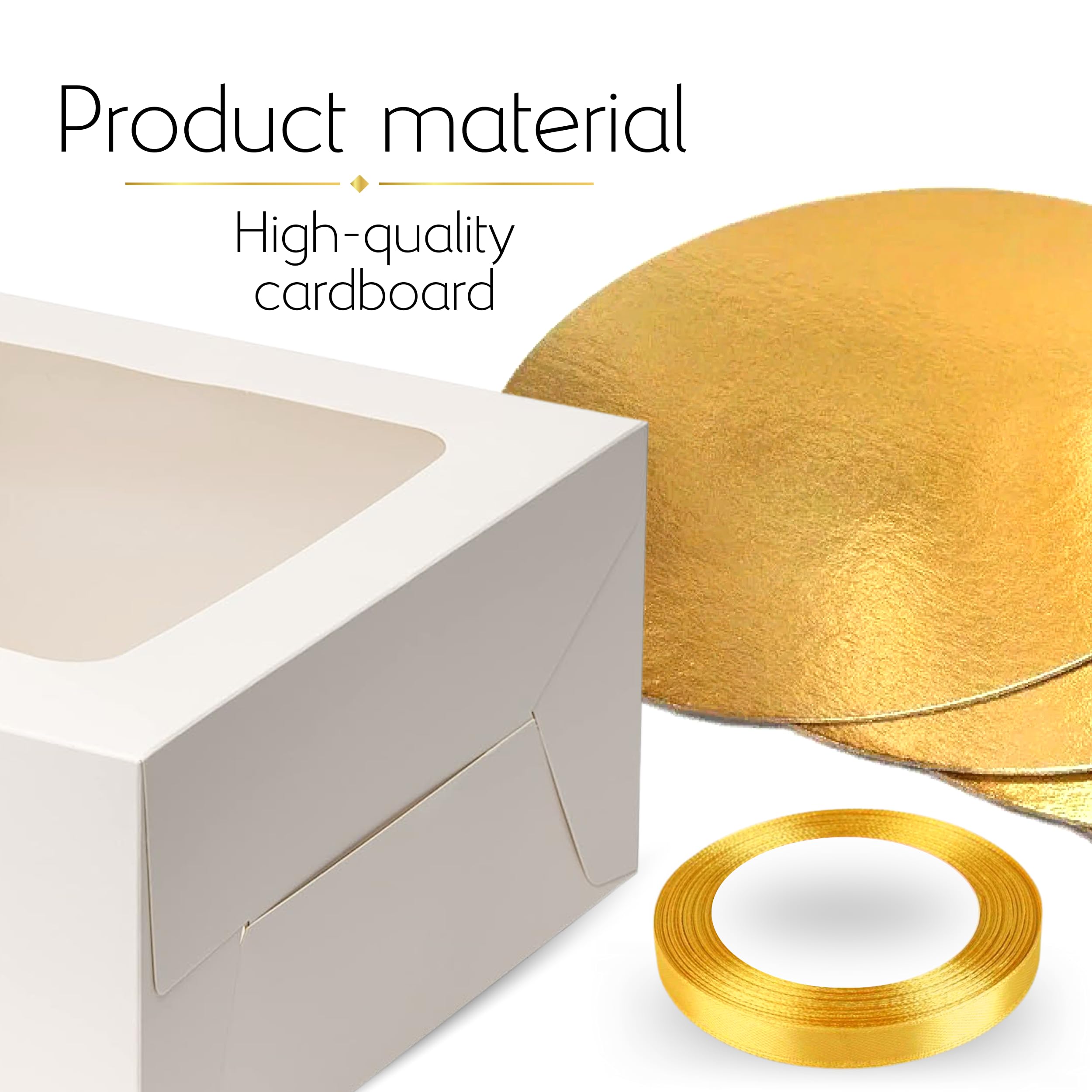 BELMAKS 10 Inch Cake Box Set β Disposable Cake Containers with Lids and Gold Ribbon Bakery Boxes with Window Tall Cake Boxes 10 Inch and 10 Inch Cake Drum Paper Box for Cake with Ribbon and Cake Board