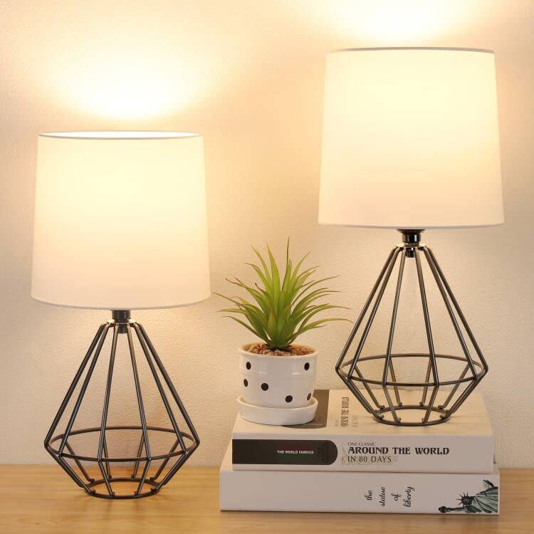 GGOYING Set of 2 Table Lamp, Modern Bedside Lamp with Simple Black Metal Base, White Fabric Shade for Nightstand Bedroom Living Room Office Working Reading (Bulb not Included)