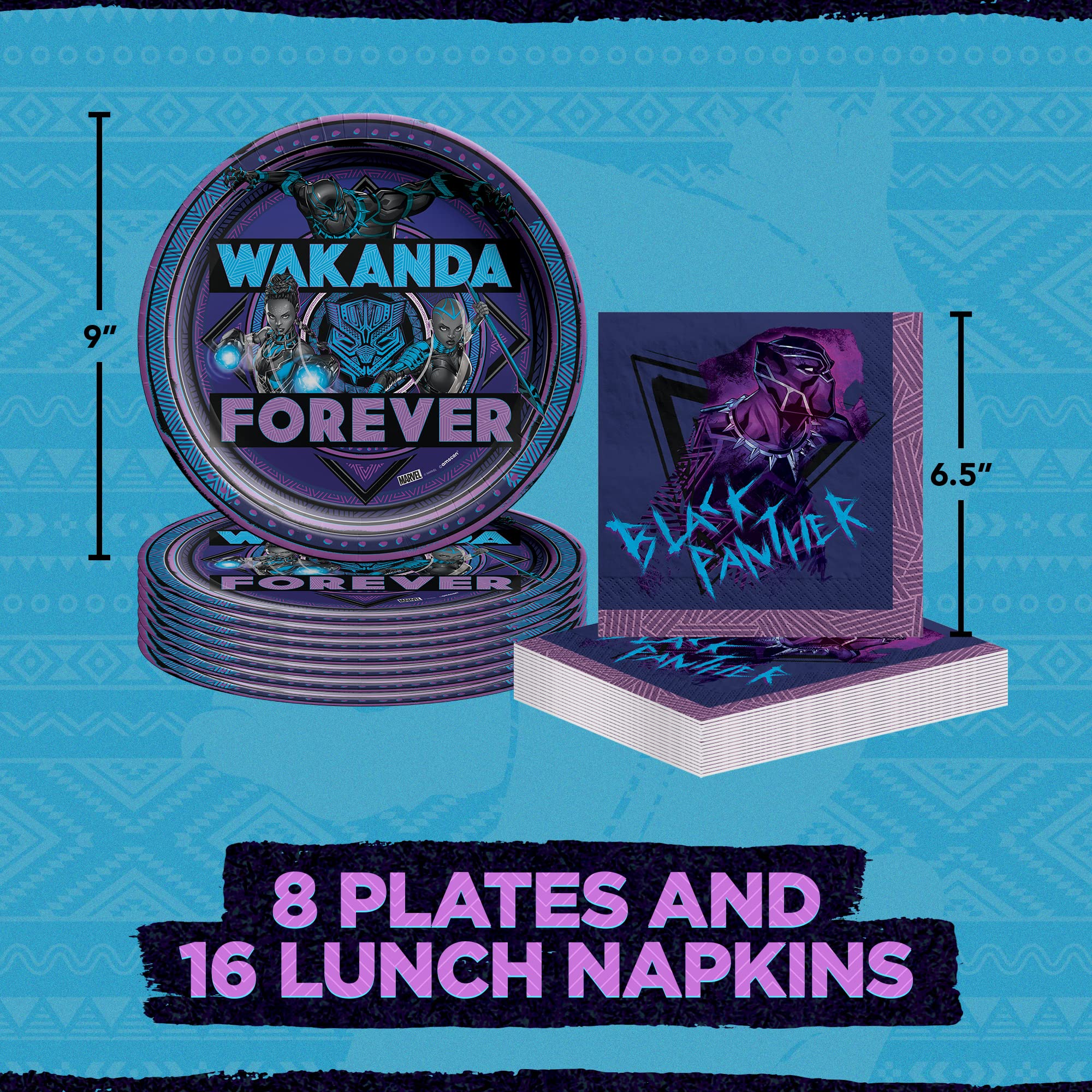 amscan Black Panther Wakanda Forever Dinnerware Bundle - 8 Purple Blue Dinner Plates (9"), 16 Luncheon Napkins (6.5"), Happy Birthday Banner 10 Ft - Decorations Supply Set Bulk Paper Marvel Theme