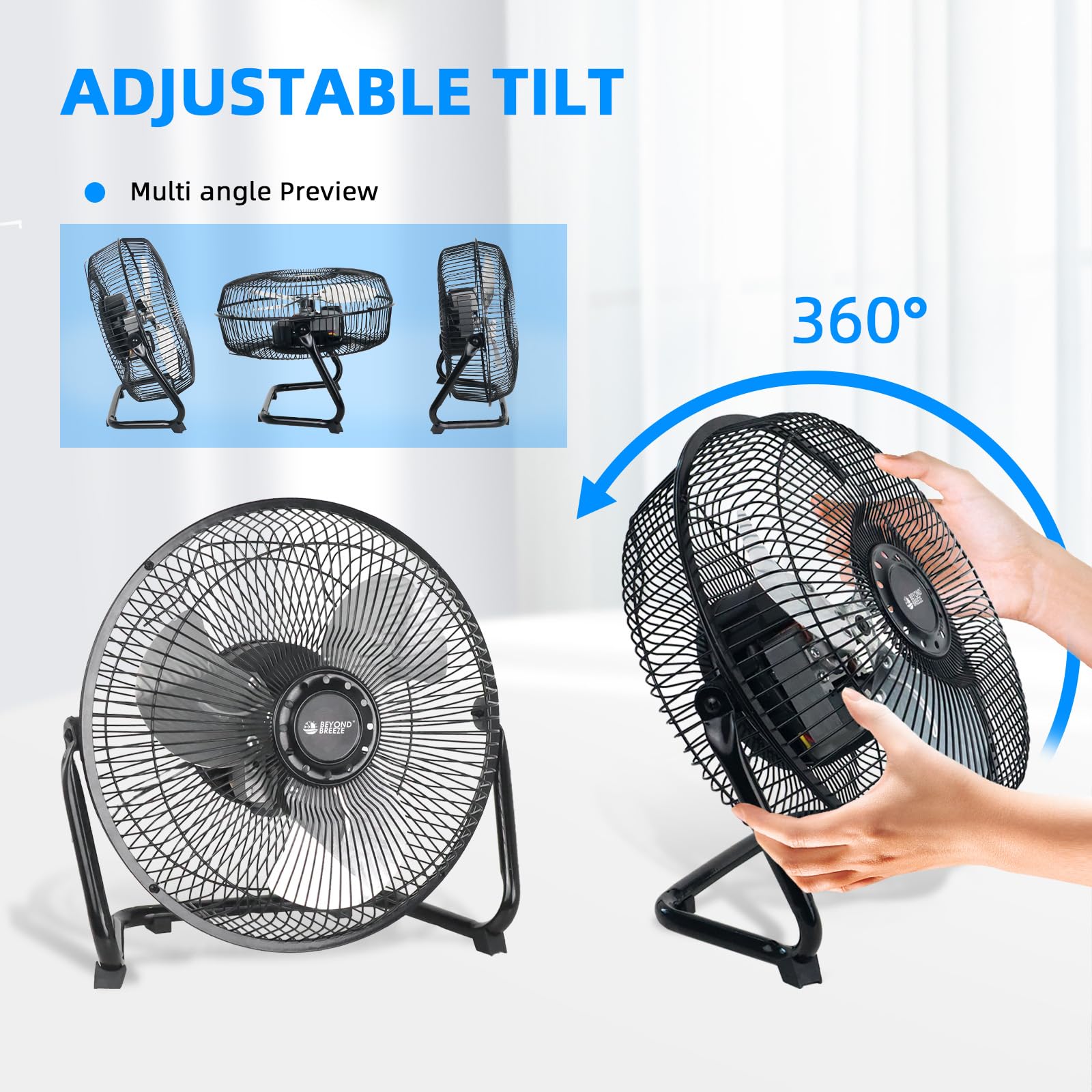 BEYOND BREEZE 9 inch Floor Fan, 3-Speed Small All Metal Cradle Floor Fans with Adjustable Tilt for Desk, Tabletop, Office