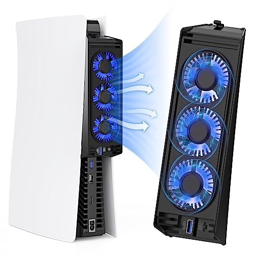 for PS5 Cooling Fan with Led Light, Quiet for PS5 Fan Cooling Fan HUIJUTCHEN for PS5 Cooler Cooling Fan for Playstation 5 Fan with 3 Small Fans 3.0 USB Port 2 Fan Speed Setting Fan