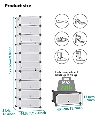 DINMO 10-Tier Shoe Rack with Doors for Entryway, 20 Pairs, Portable Plastic Cubby Shoe Shelves Organizer Unit, DIY Shoe Cabinet, White