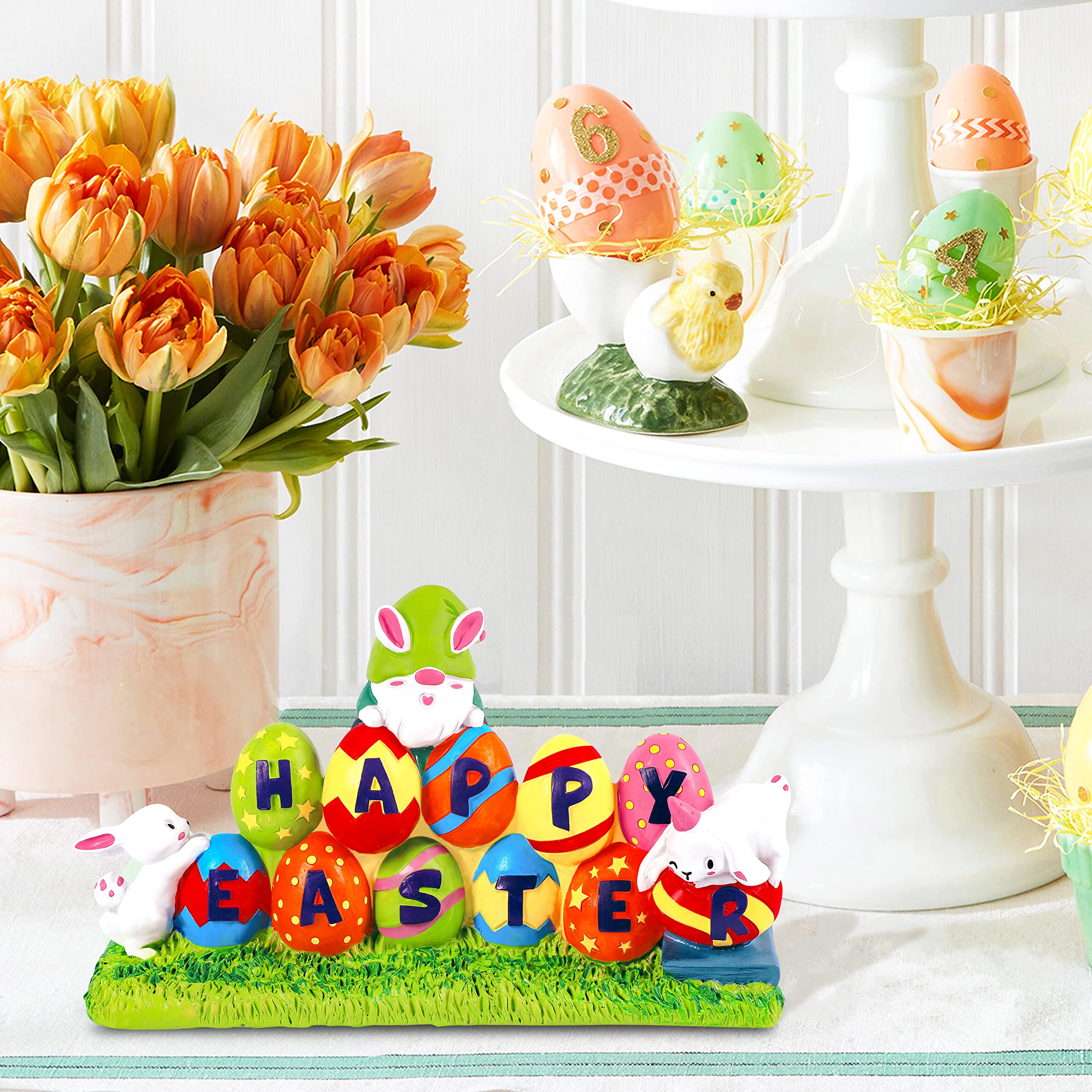 luck sea Easter Decorations Table Centerpiece - Egg Bunny Gnome Figurine Spring Tabletop Decor Home Party Ornament Gift (Hand Painted)