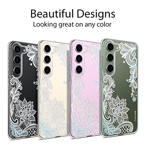 Coolwee Clear Glitter for Samsung Galaxy S23 Plus Case Thin Flower Slim Cute Crystal Lace Bling Sparkle Floral Hard Plastic Cover Back Soft TPU Bumper Protective Mandala Henna Anti Yellowing