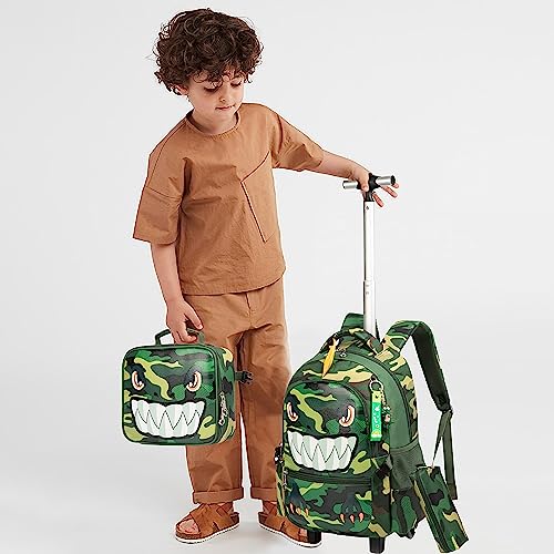 Egchescebo Kids Shark Rolling Backpack for Boys Suitcases Trolley Backpacks with Wheels Roller Luggage Backpacks Wheels with Lunch Box Pencil Case for Elementary Boys Travel School Bag Green