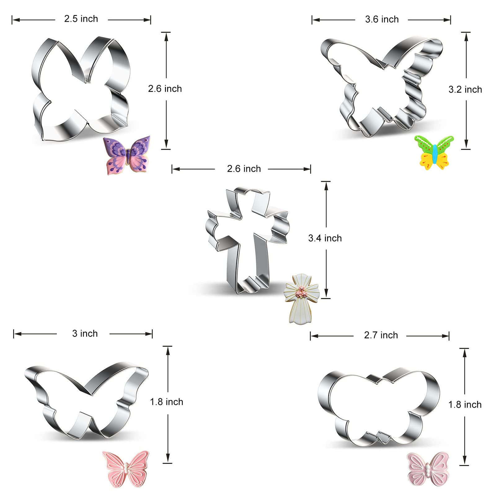 Butterfly Cookie Cutter Set - 5 Pieces Stainless Steel Cookie Cutters Shapes with Cross, Butterfly/Moth Cookie Cutter Biscuit Sandwich Chocolate Fondant Cake Mold Mould Baking Tool