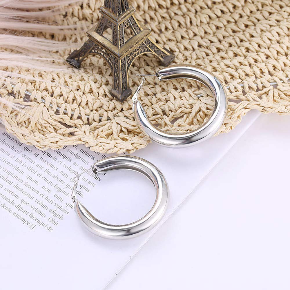 S5E5X Alloy Earrings, Punk Rock Minimalist 50mm Thick Tube Big Gold Alloy Round Circle Hoop Earrings (Sliver)