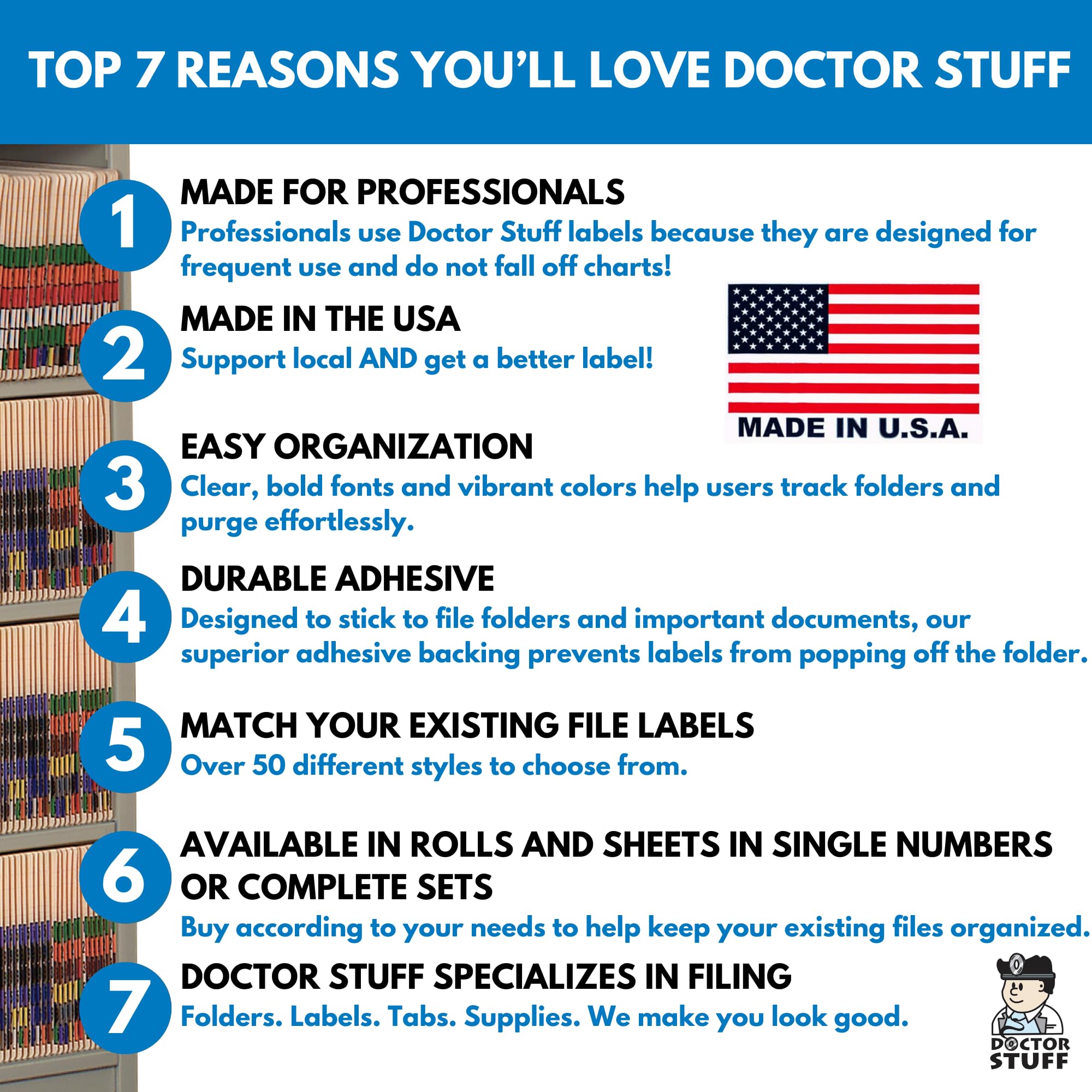 Doctor Stuff - File Folder Labels, Number 1, Compatible with SMEAD DCCRN - SENM Series Chart Stickers, Blue, 1" x 1-1/4", #1, 500/Roll
