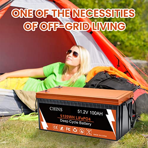CHINS Bluetooth LiFePO4 Battery,48V 100Ah Smart Lithium Battery,Perfect for Golf Cart, Trolling Motor, Boat, RV, Solar, Home Energy Storage, Backup Power and Off-Grid etc, Peak Current 500A.
