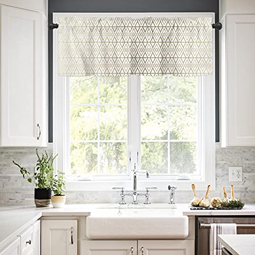 JasmineM Valances Curtains for Windows White Gold Line Rod Pocket Kitchen Valance Scarf for Living Room Geometric Short Window Treatment Drapes Curtain for Bedroom 42x12in