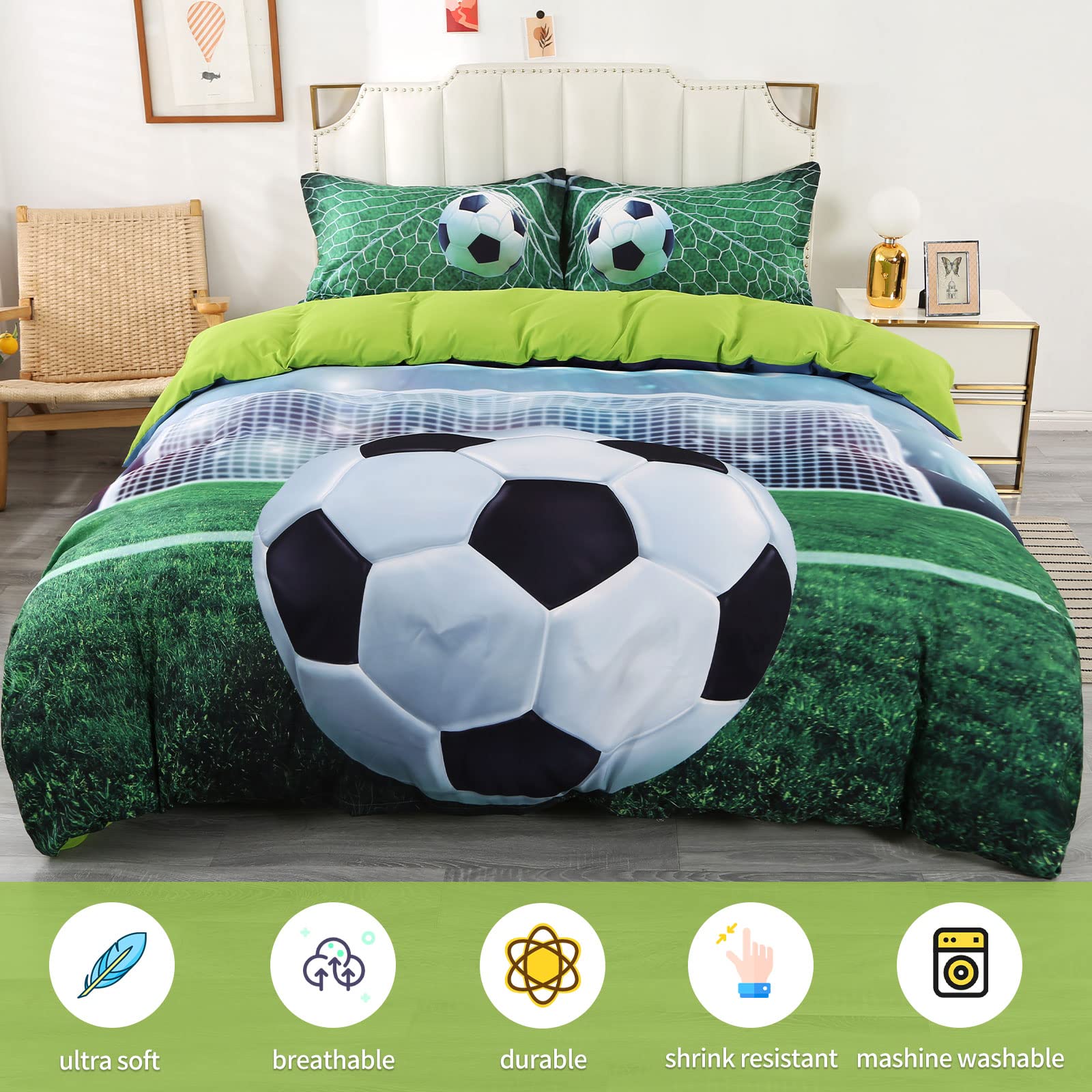 ENJOHOS Green Kids Duvet Cover Queen, 3 Piece 3D Soccer Bedding for All Season, Sports Theme Microfiber Comforter Cover Set with 2 Pillowcase(No Comforter No Fitted Sheet)