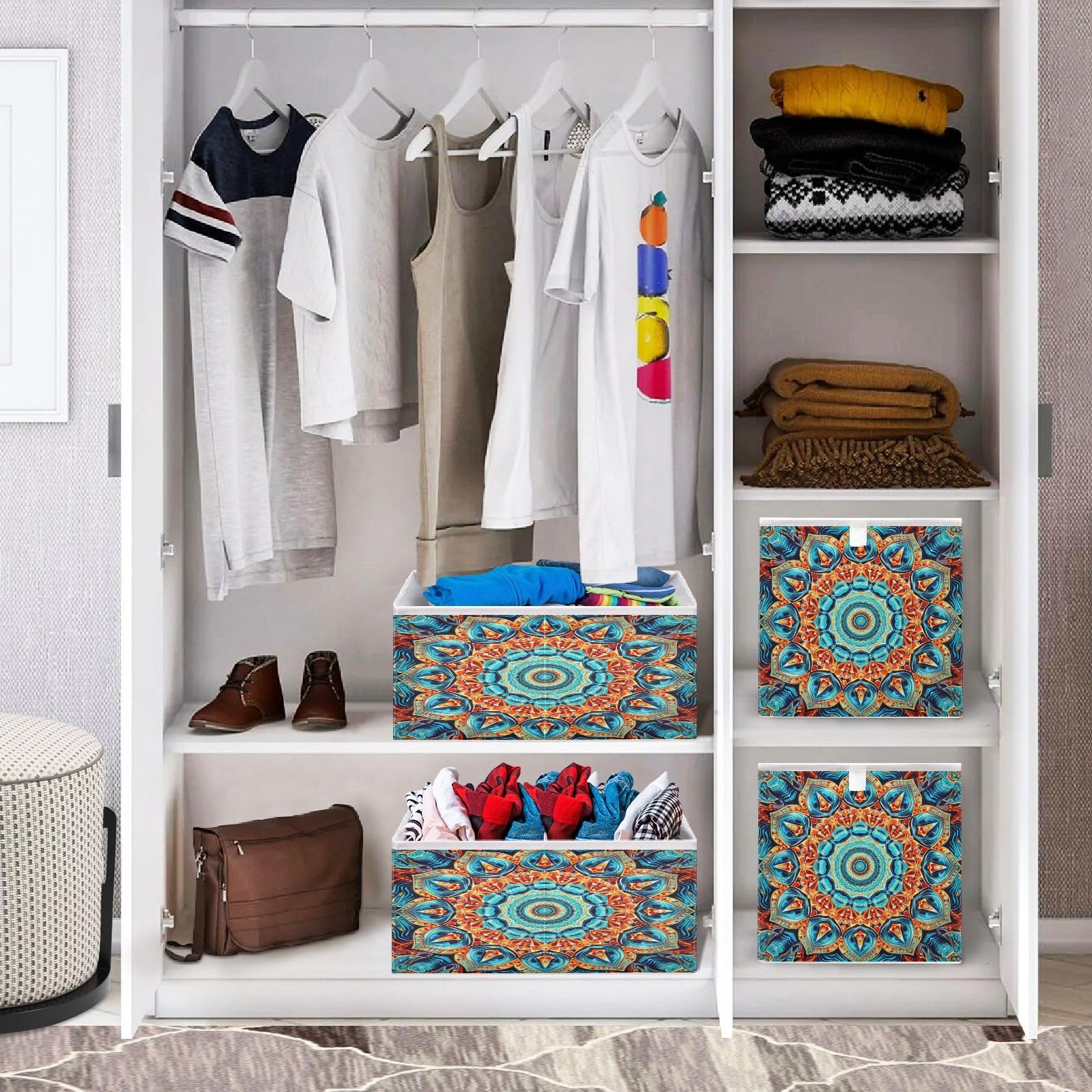 Burbuja Mandala Storage Cubes Fabric Storage Bins Foldable Closet Organizer Basket with Handle, 11x11x11 Cube