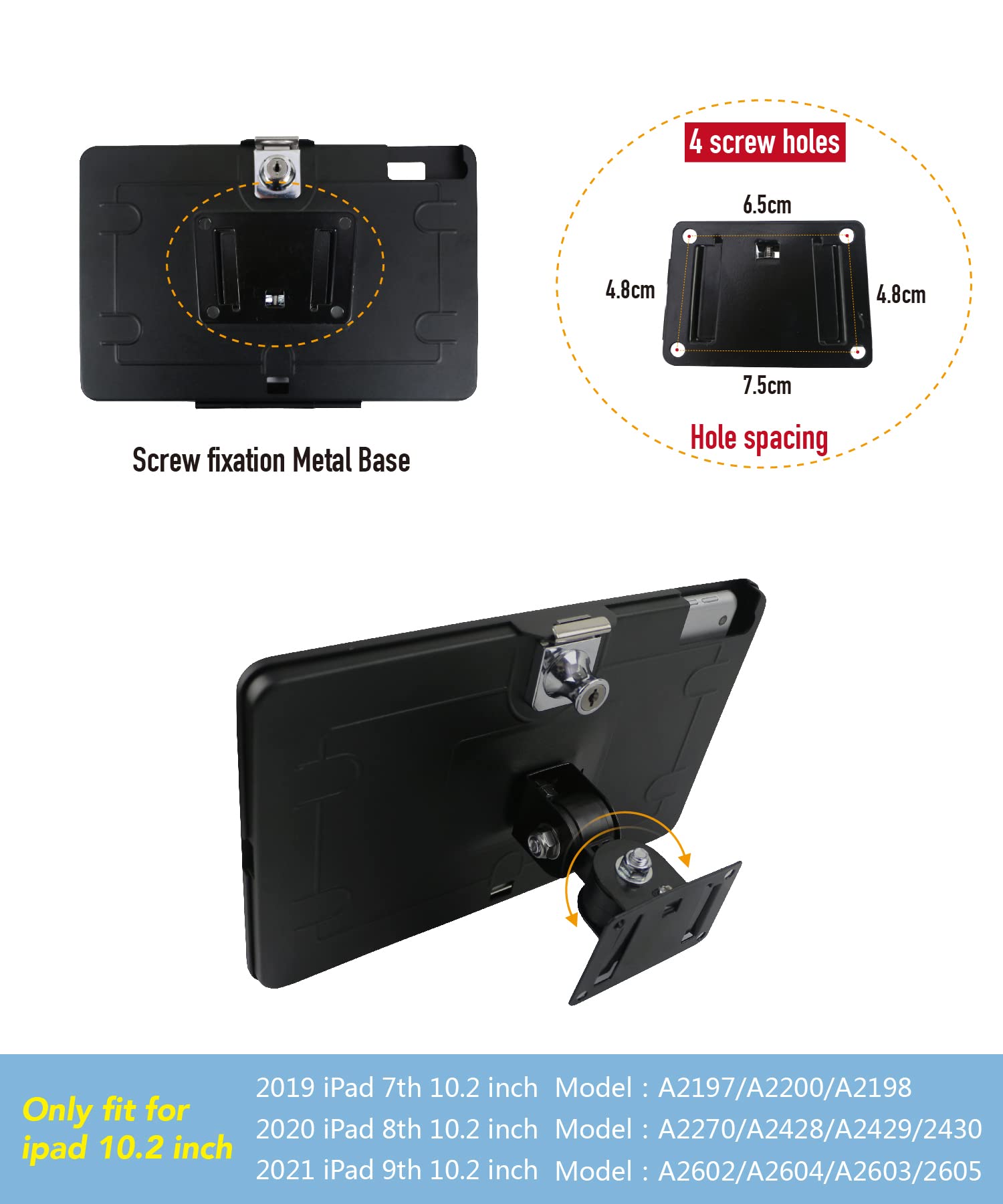 DDSHOW On Wall Mount Metal Bracket for iPad 10.2-Inch (Gen. 9th,8th,7th),with Anti Theft Security Lock&Key, Rotate Design Arbitrary Adjustment,Multi Angle,Metal,Screw Fixing,Black