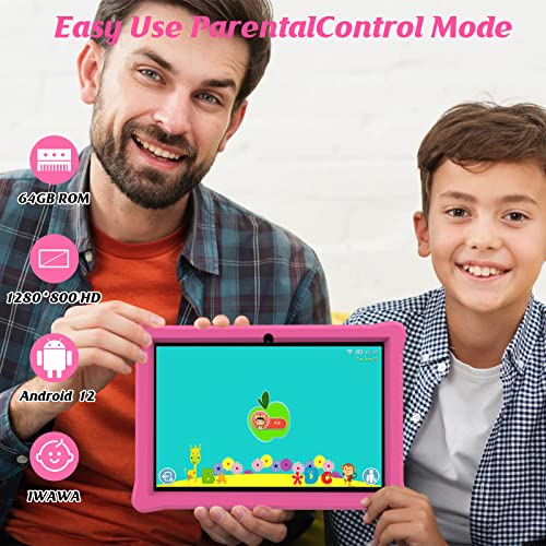 HOTTABLET 10 inch Tablet for Kids 3GB RAM 64GB ROM Kids Tablet, Android 12 Tablet with Case, Toddler Tablet PC WiFi, Parental Control, Dual Camera, Educational Tablets with Silicone Case (Pink)