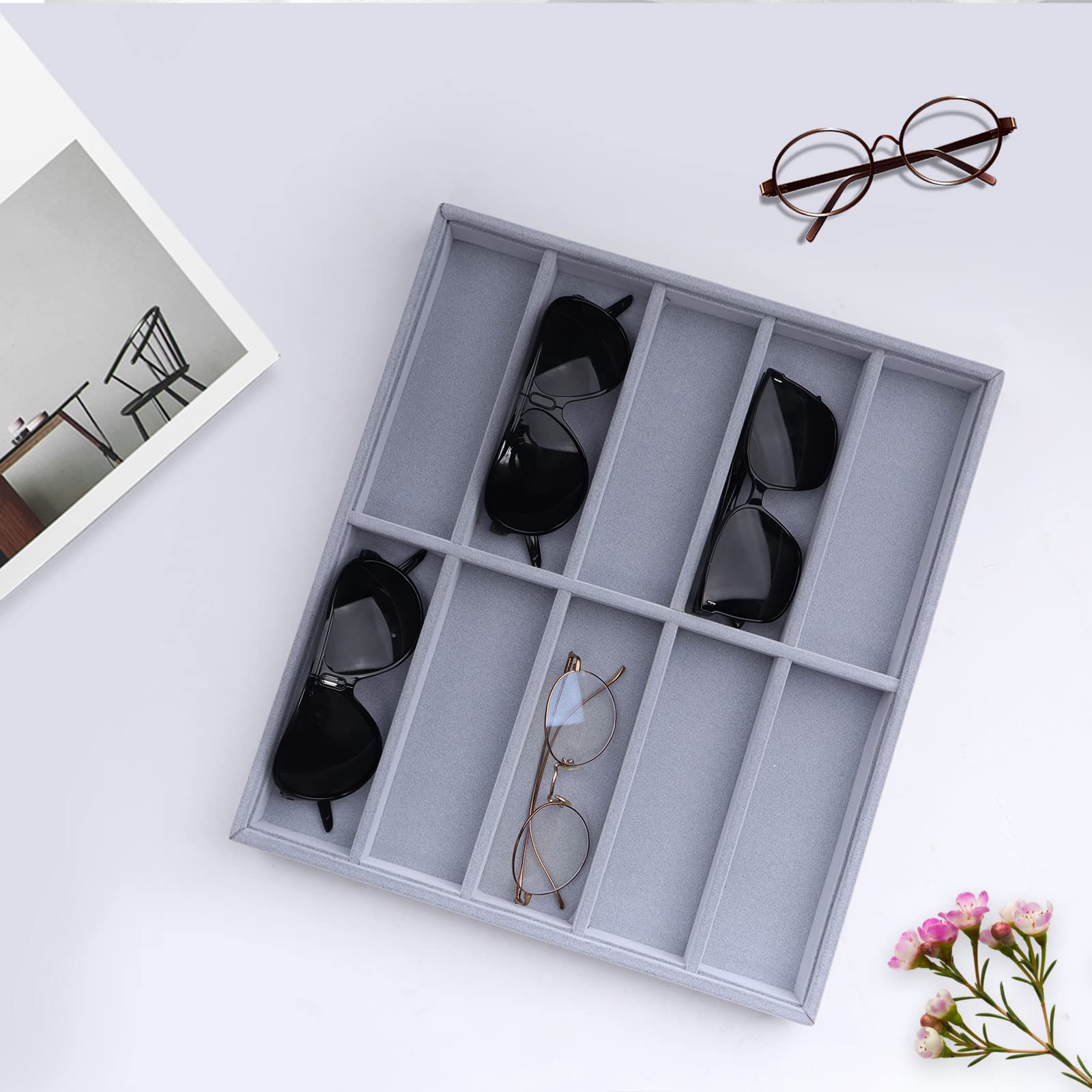 ATROPOS 2 Pieces 10 Grids Sunglasses Organizer Velvet Gray Sunglasses Display Tray Eyeglass Storage Case for Home (Gray)