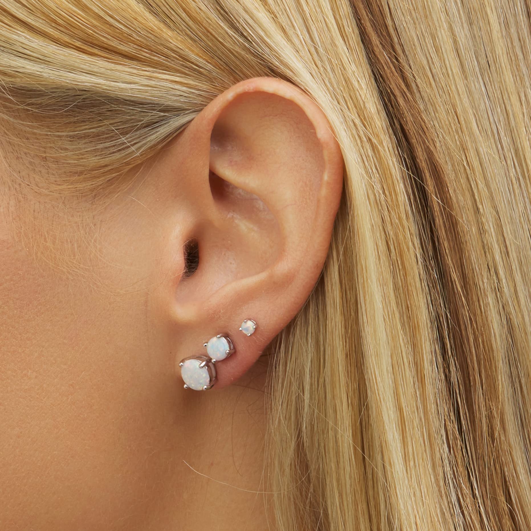 Barzel 18K White Gold Plated Created Opal Stud Earrings 3 Pack Set (White)