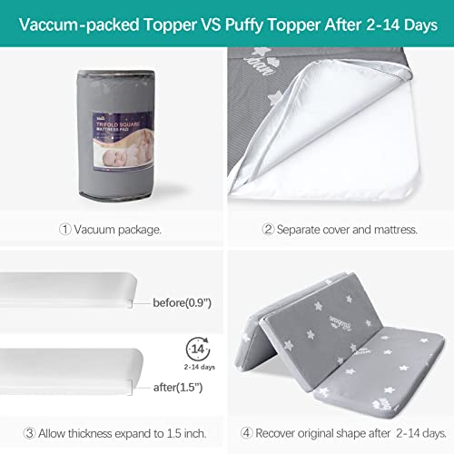 Pack and Play Sheets Fitted Waterproof 2 Pack, Mini Crib Mattress Protector 38" X 26" Portable Mini Crib Sheet for Boys & Girls/Trifold Pack and Play Mattress Topper 38" x 26", Gray