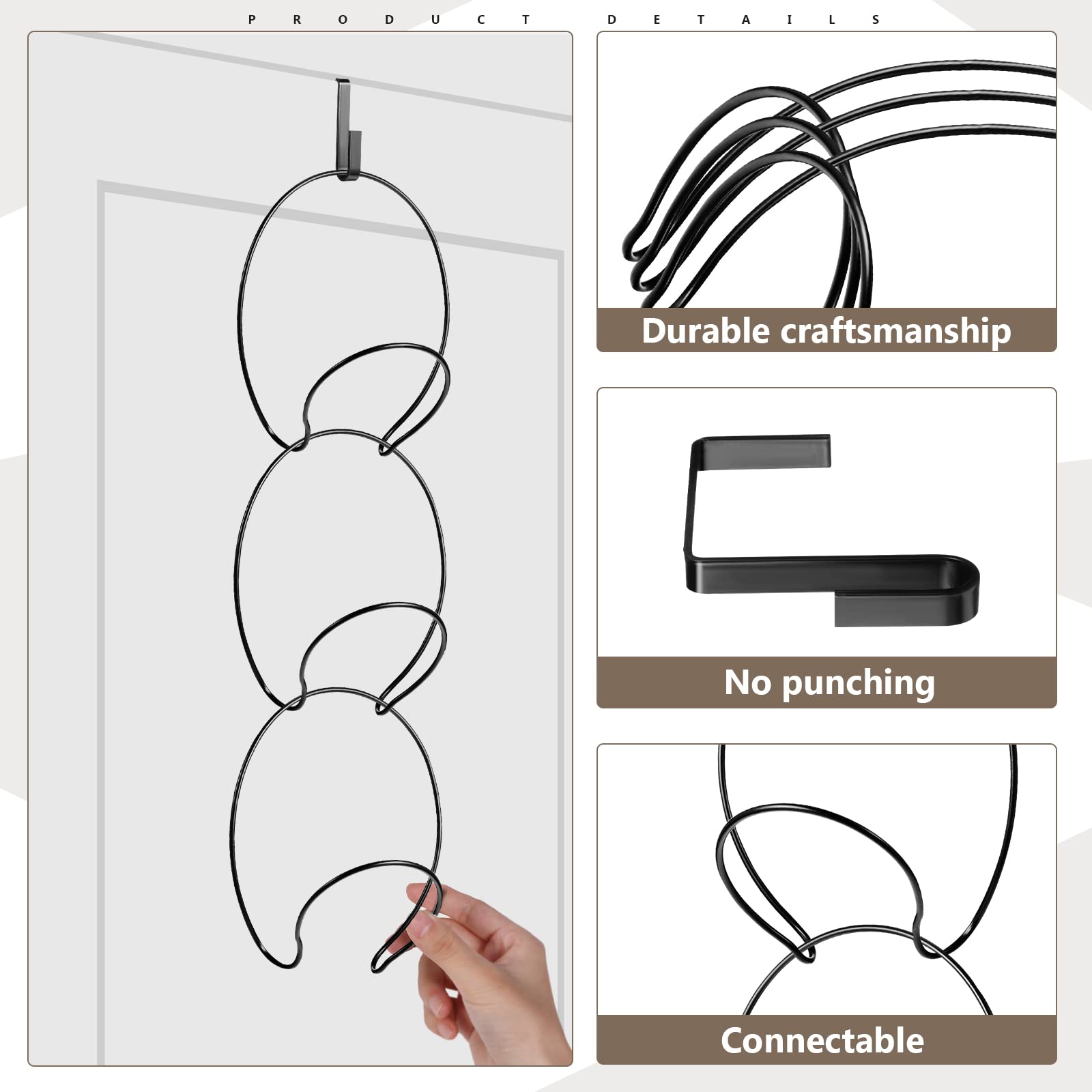 Yerliker 16 Pieces Hat Rack Wig Holder Over The Door Baseball Hat Holder Wall Mounted Hanging Hat Wig Organizer for Closet Display Storage Rack with 2 Hooks for Tie Scarf (Black)