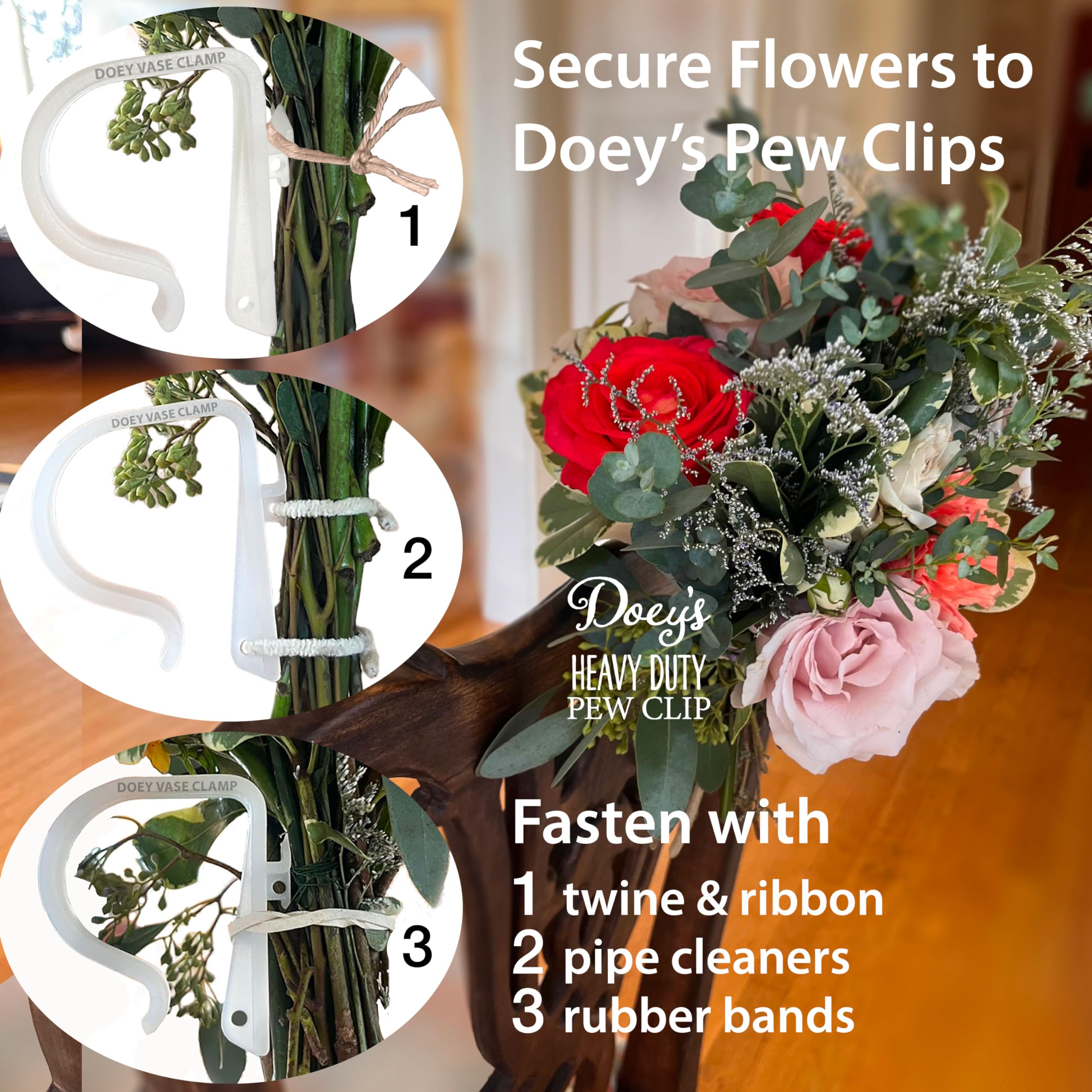 Doey's Heavy Duty Pew Clips for Weddings (12-Pack) Dependable Flexible Hook for Church Ceremony Aisle Decorations - Secure Bows, Flowers, Signs, Garland to Pew Ends, Bench Seats, Chairs (Made in USA)