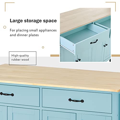 FRITHJILL Kitchen Island Cart with Solid Wood Top, Rolling Serving Cart with Locking Wheels, Utility Trolley with Spice Rack and Towel Rack (Mint Green)