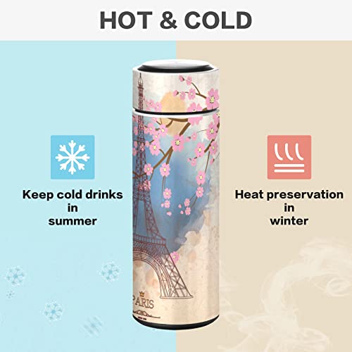 Eiffel Tower Stainless Steel Thermos, BPA-Free Vacuum Insulated Wide Mouth Water Bottle Reusable Leak Proof Flask Keeps Liquids Cold or Hot for Travel Shcool & Office